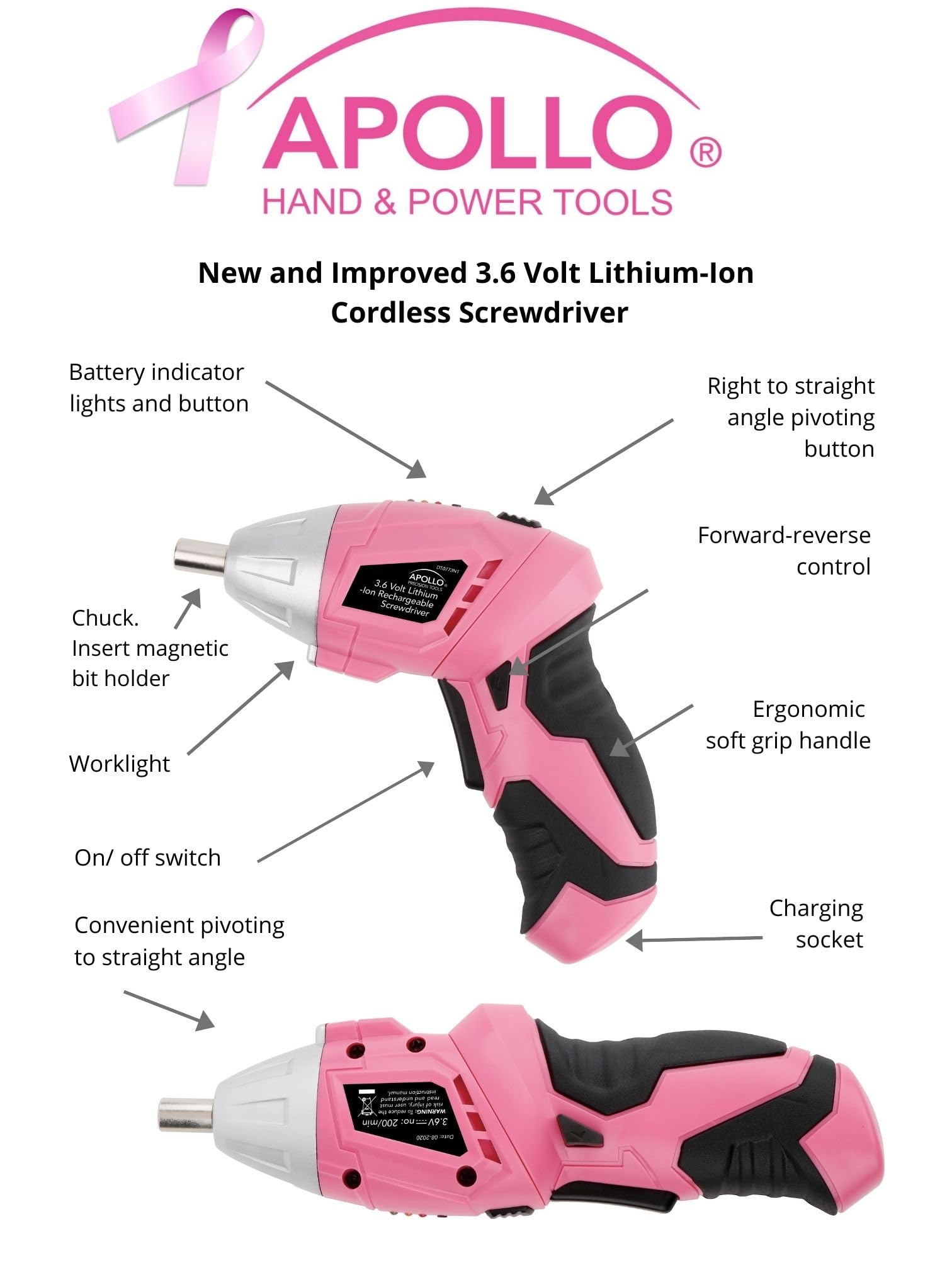 135 Piece Household Tool Kit Pink with Pivoting Dual-Angle 3.6 V Lithium-Ion Cordless Screwdriver - DT0773N1