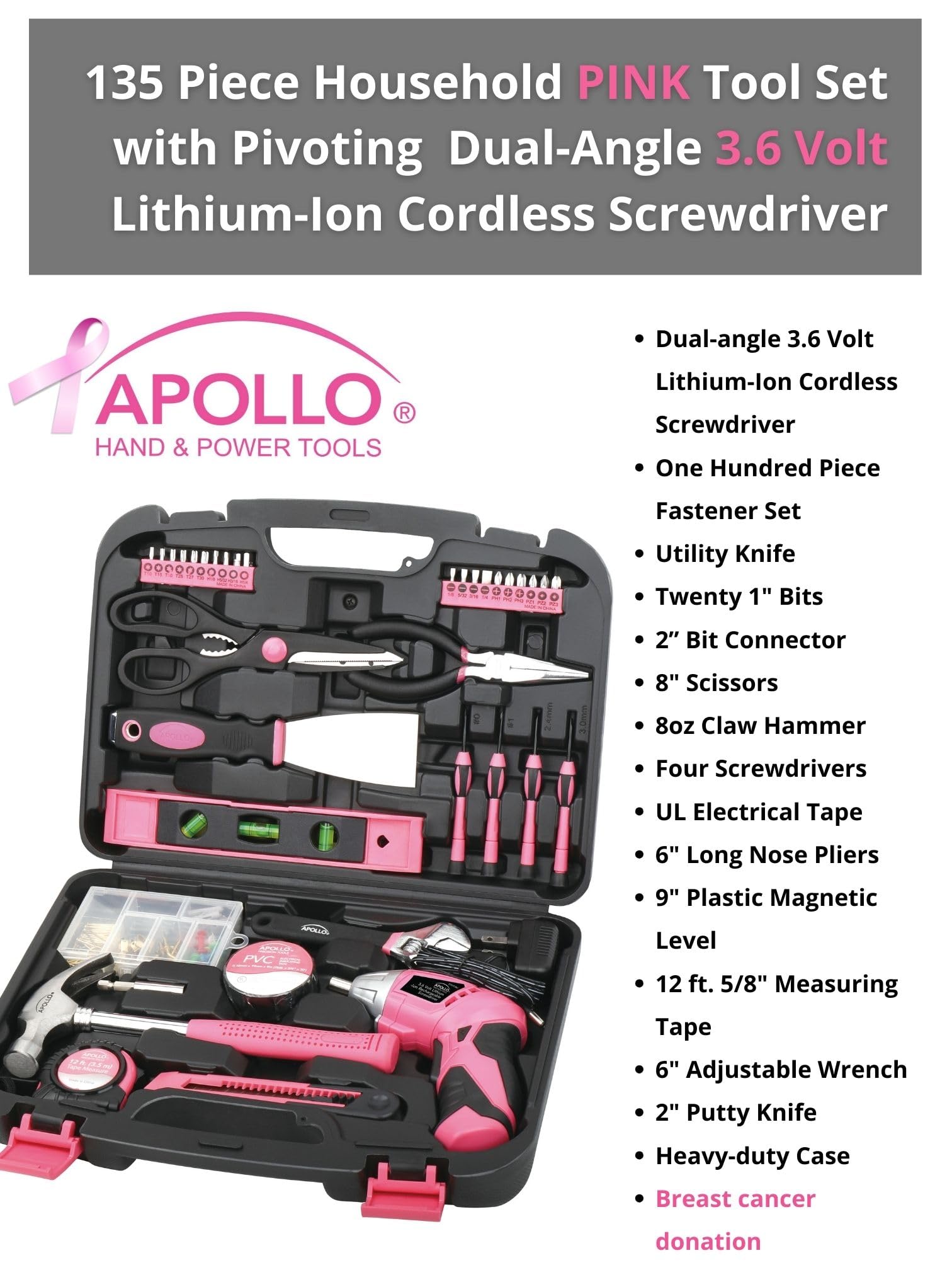 135 Piece Household Tool Kit Pink with Pivoting Dual-Angle 3.6 V Lithium-Ion Cordless Screwdriver - DT0773N1