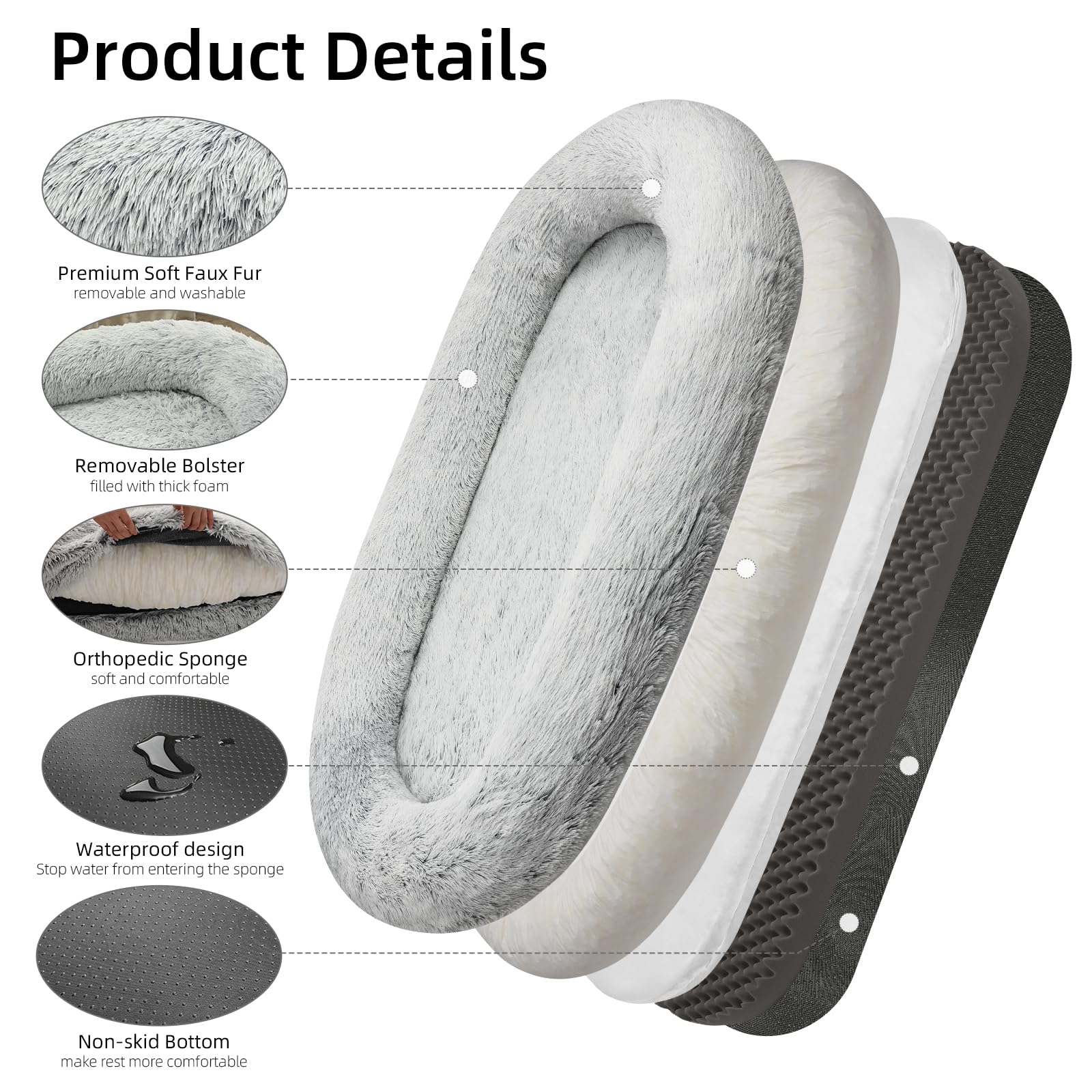 Large Dog Bed 75" L * 50" W * 14" Th Dog Beds for Large Dogs Giant Dog Bed Human Size Dog Bed for People 30D Sponge Bean Bag Bed Detachable Grey