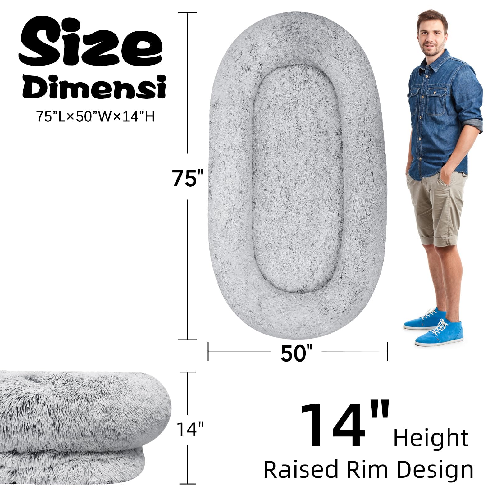 Large Dog Bed 75" L * 50" W * 14" Th Dog Beds for Large Dogs Giant Dog Bed Human Size Dog Bed for People 30D Sponge Bean Bag Bed Detachable Grey