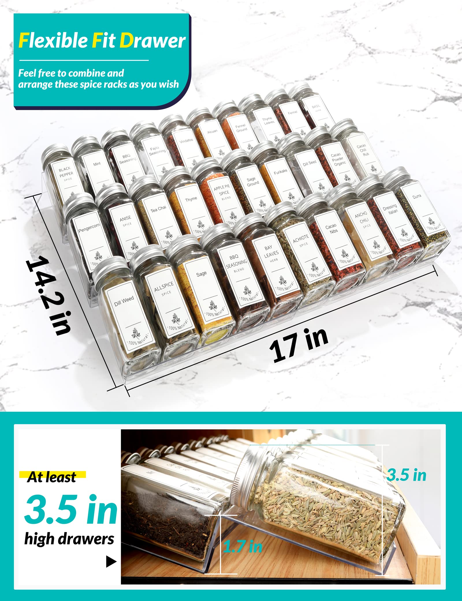LaVie Home Expandable Spice Tray for 9" to 17" Wide Drawer, 6pcs Combinable Clear Racks (3 or 6 Tiers), Up to Store 30 Seasoning Jars, for Small/ Narrow Cabinet Drawer