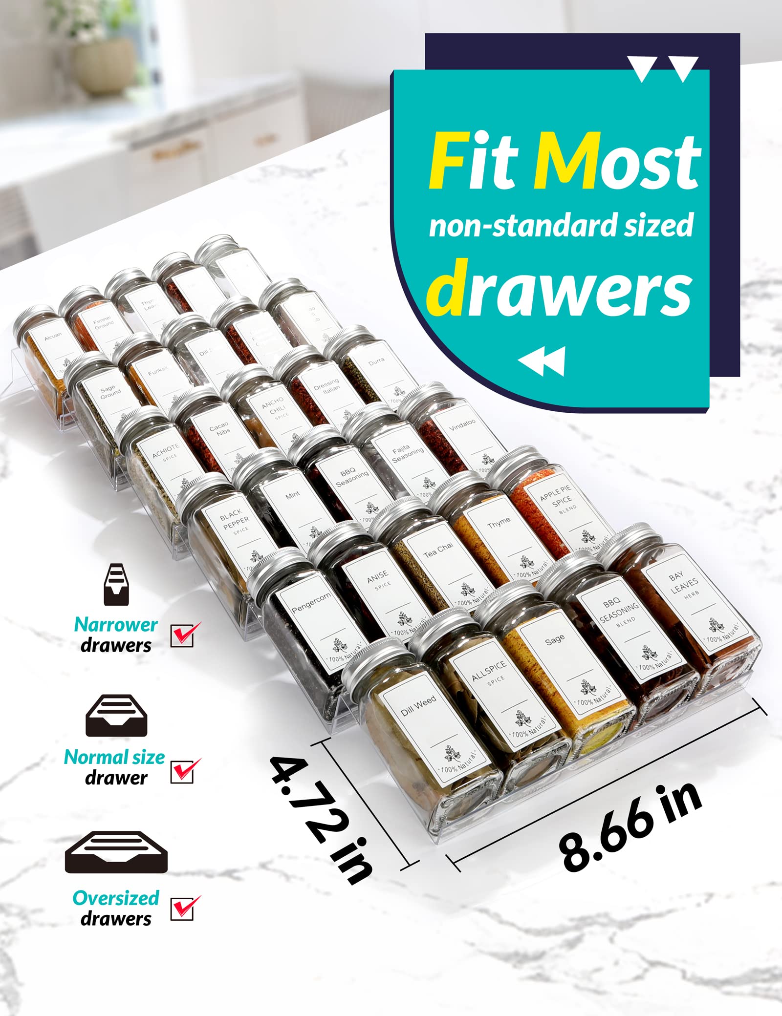 LaVie Home Expandable Spice Tray for 9" to 17" Wide Drawer, 6pcs Combinable Clear Racks (3 or 6 Tiers), Up to Store 30 Seasoning Jars, for Small/ Narrow Cabinet Drawer