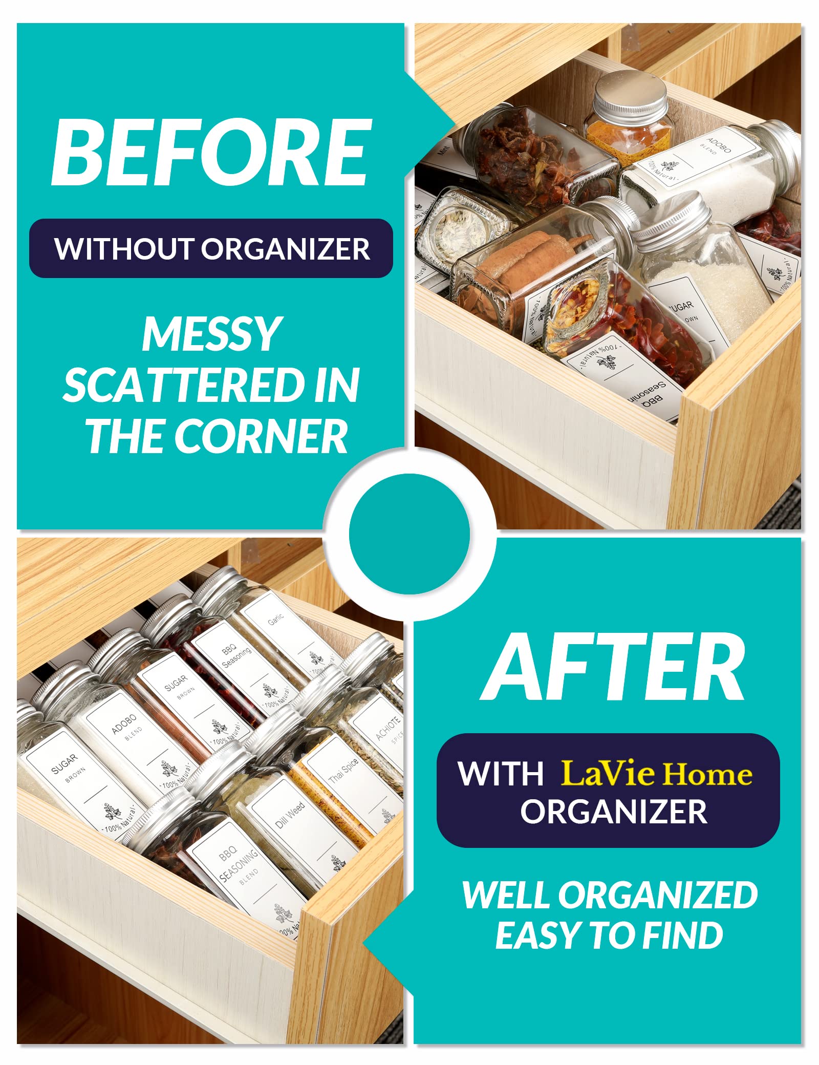 LaVie Home Expandable Spice Tray for 9" to 17" Wide Drawer, 6pcs Combinable Clear Racks (3 or 6 Tiers), Up to Store 30 Seasoning Jars, for Small/ Narrow Cabinet Drawer