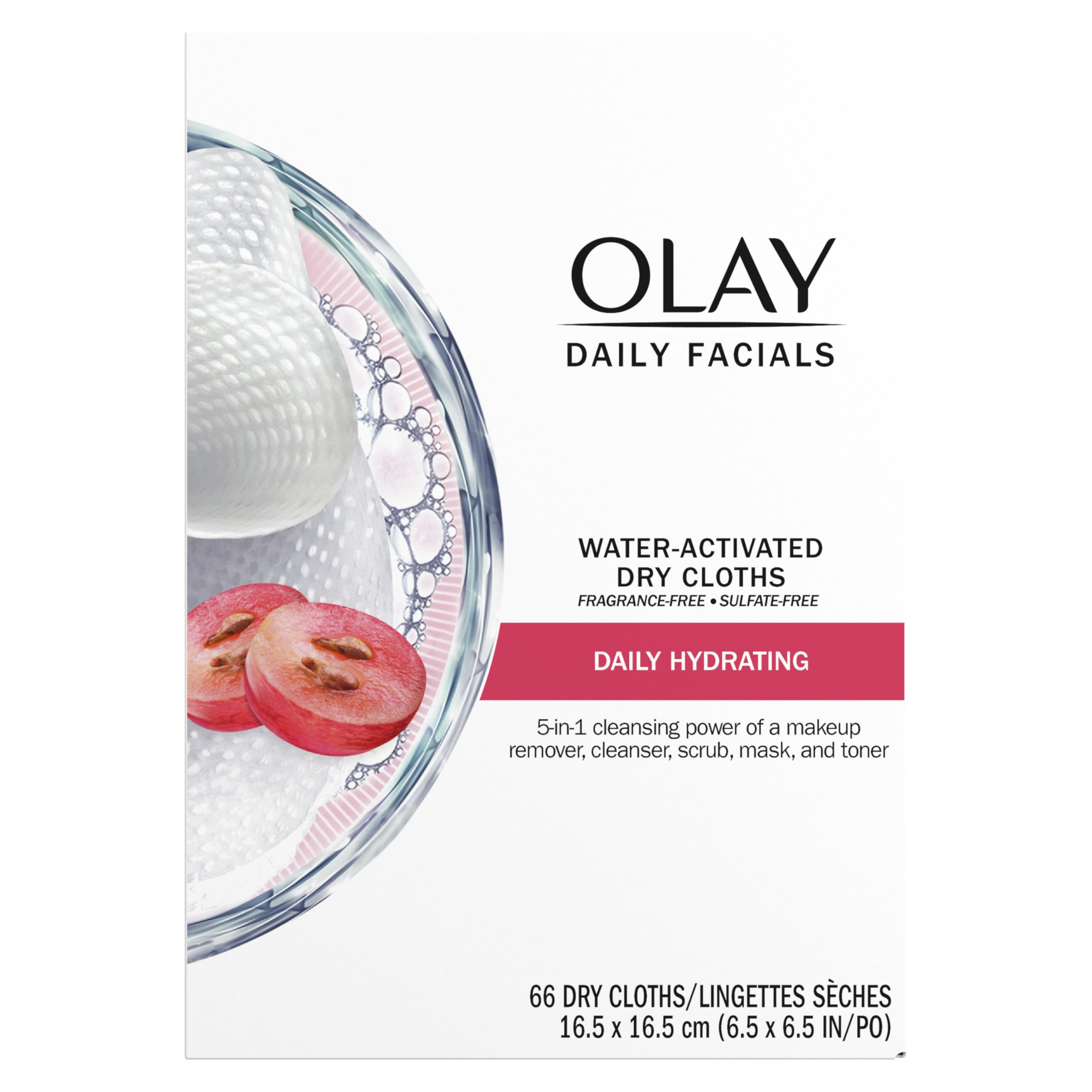 Olay Daily Facials, Daily Clean Makeup Removing Facial Cleansing Wipes, 5-in-1 Water Activated Cloths, Exfoliates, Tones and Hydrates Skin, 66 count