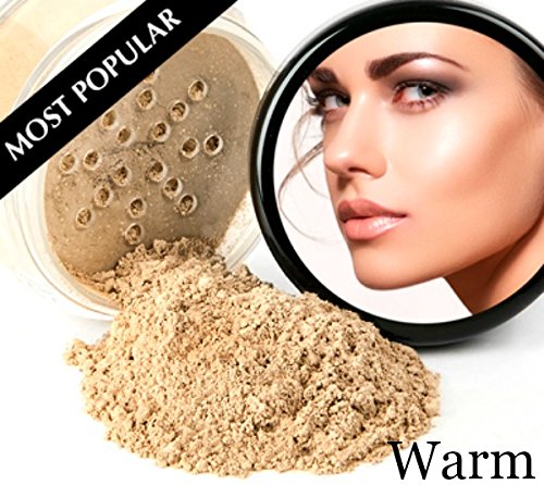 4pc FULL SIZE KIT w/KABUKI Mineral Makeup Matte Loose Powder Bare Face Cosmetics Full Coverage Long Lasting All Skin Types SPF 18 (WARM Neutral Shade-Most Popular)