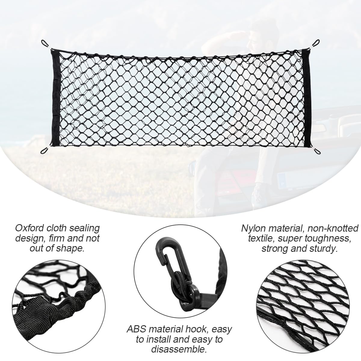 Osilly Car Rear Cargo Net, Double-Layer Adjustable Stretchable Elastic Storage Organizer Net, Trunk Cargo Storage Mesh Net with Hooks, Car Interior Accessories Fit for Car, Trucks, SUV (Small)