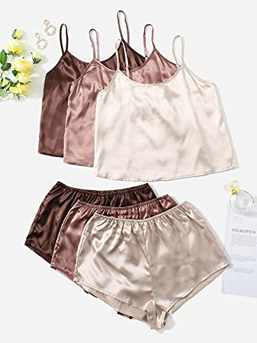 SheIn Women's 3 Sets Satin Pajama Set Sleeveless Crop Cami and Elastic Waist Shorts Sleepwear Lounge Set Black Small
