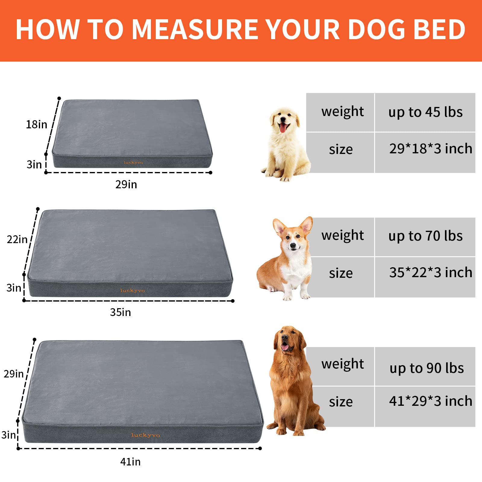 luckyvo Dog Bed Mat for Large Dogs, Orthopedic Gel Memory Foam, Waterproof, Removable Cover, 35x22x3 inches, Grey