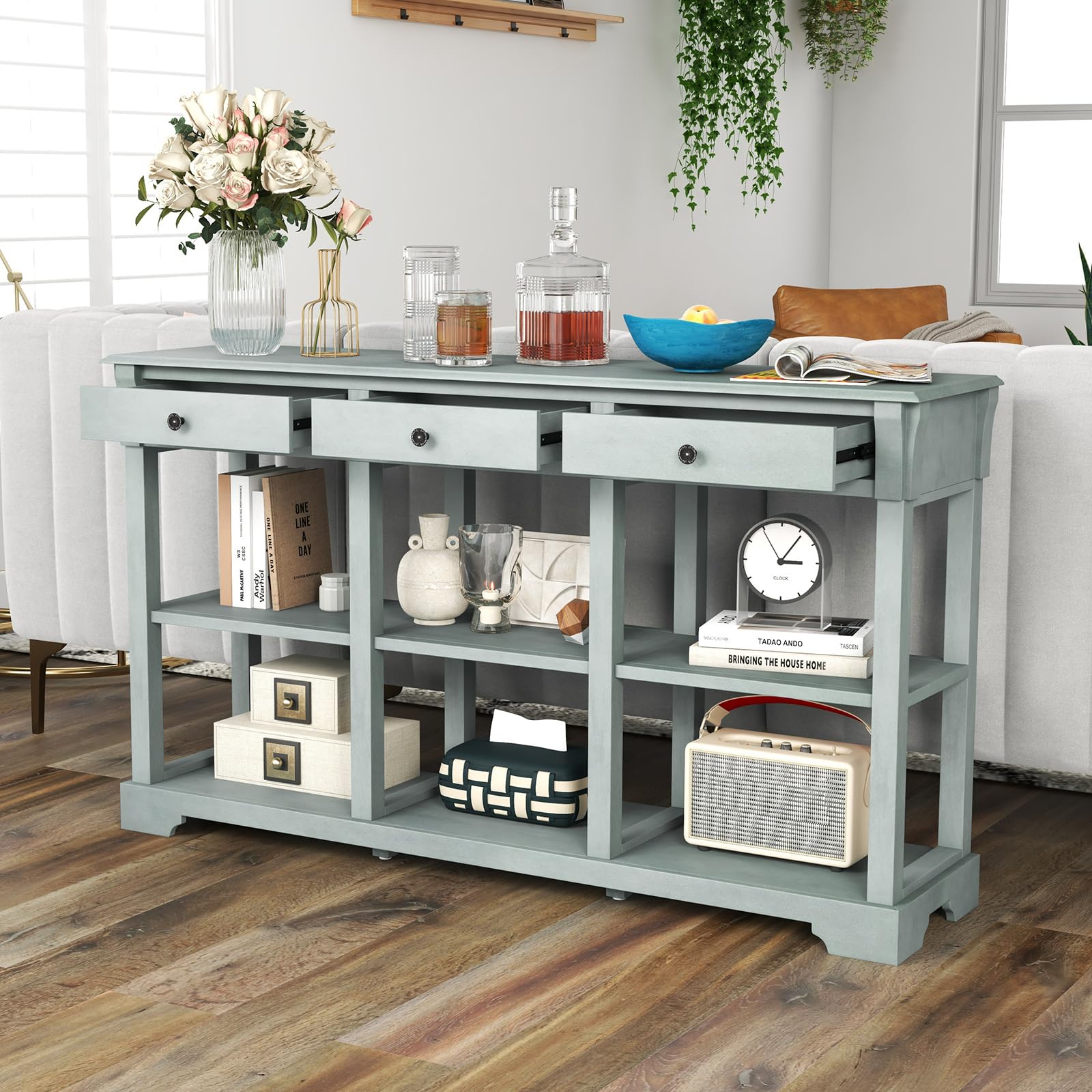 KOTEK 58'' Console Table with Storage, Retro Entryway Table with 3 Drawers and Open Shelves, Solid Wood Legs, Long Sofa Table, Hallway Table for Entryway, Living Room