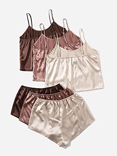 SheIn Women's 3 Sets Satin Pajama Set Sleeveless Crop Cami and Elastic Waist Shorts Sleepwear Lounge Set Black Small