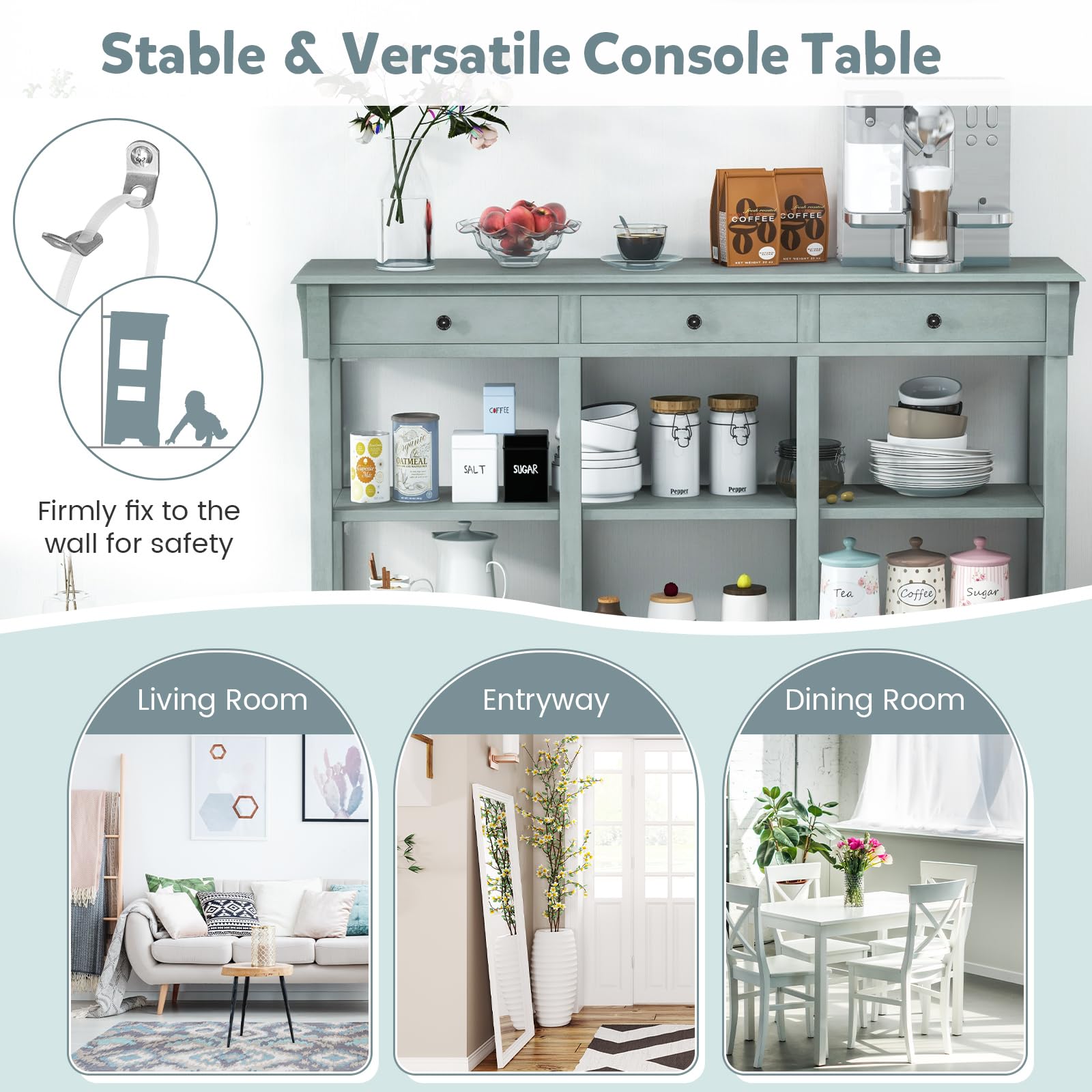 KOTEK 58'' Console Table with Storage, Retro Entryway Table with 3 Drawers and Open Shelves, Solid Wood Legs, Long Sofa Table, Hallway Table for Entryway, Living Room