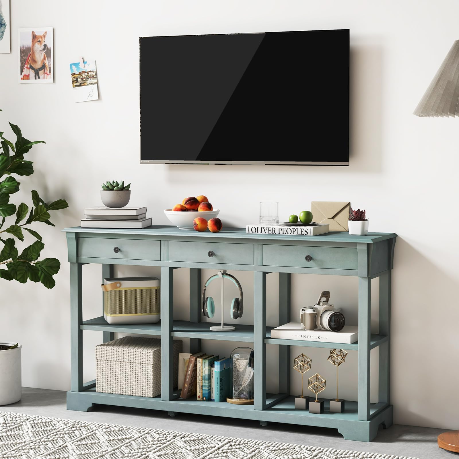 KOTEK 58'' Console Table with Storage, Retro Entryway Table with 3 Drawers and Open Shelves, Solid Wood Legs, Long Sofa Table, Hallway Table for Entryway, Living Room