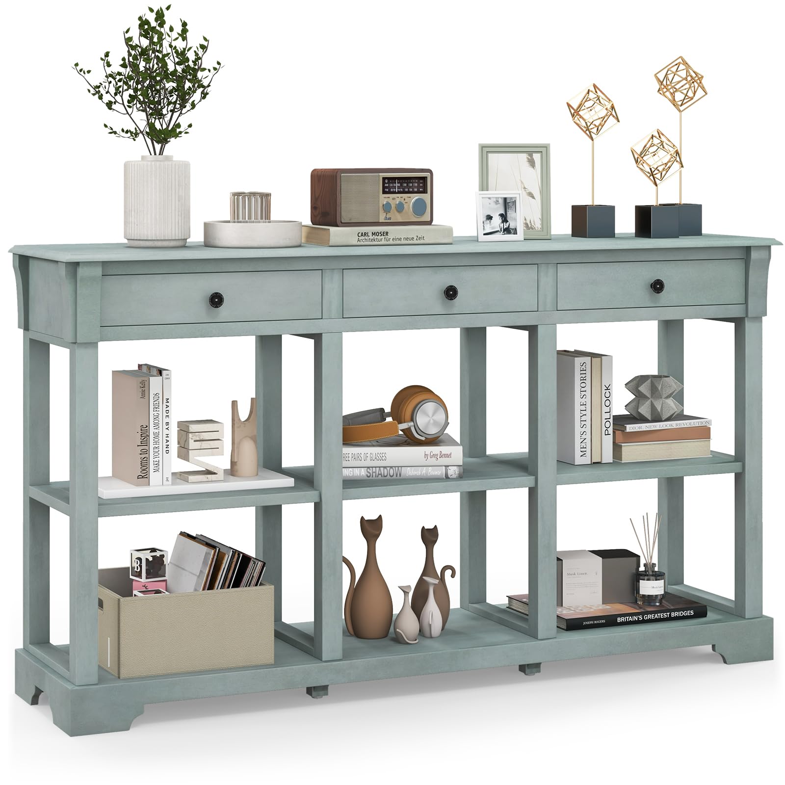 KOTEK 58'' Console Table with Storage, Retro Entryway Table with 3 Drawers and Open Shelves, Solid Wood Legs, Long Sofa Table, Hallway Table for Entryway, Living Room