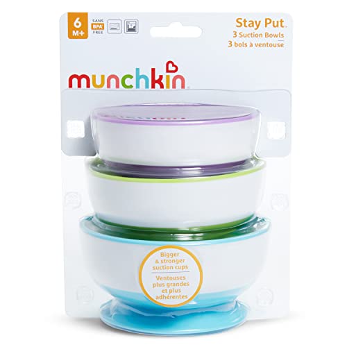 Munchkin Stay Put Suction Bowls for Babies and Toddlers, 3 Pack, Blue/Green/Purple