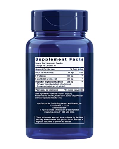 Life Extension Optimized Tryptophan Plus 1000mg - L-Tryptophan Supplement with Niacin and L-Lysine for Healthy Sleep & Stress Response – Gluten-Free, Non-GMO, Vegetarian - 90 Capsules