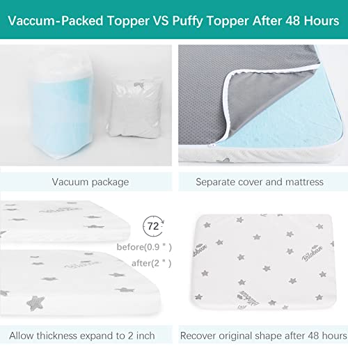 Crib Mattress Topper Memory Foam 2-Inch Fit Standard Crib/Toddler Bed Mattress with Removable Bamboo Crib Mattress Pad Topper Cover Protector Machine Wash & Non-Slip | 52“x 27“