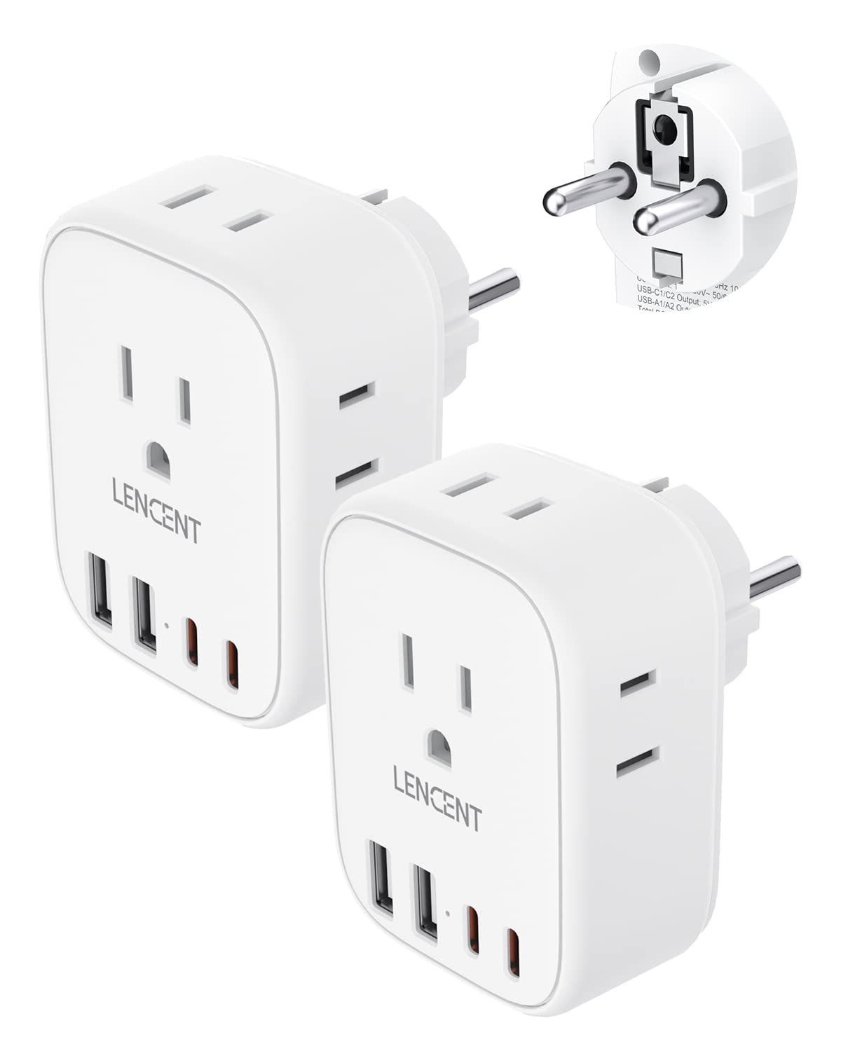 LENCENT 2 Pack Germany France Travel Power Adapter, Schuko Type E/F Power Plug Adaptor with 4 USB Ports(2 Type C),4 Outlet Converter, US to EU Spain French German Norway Iceland Korea, Cruise Approved