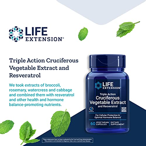 Life Extension Triple Action Cruciferous Vegetable Extract & Resveratrol – Veggie Food Based Formula Supplement for Cellular Protection Support & Hormone Balance – Gluten Free – 60 Capsules