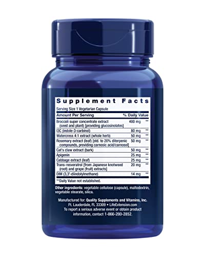 Life Extension Triple Action Cruciferous Vegetable Extract & Resveratrol – Veggie Food Based Formula Supplement for Cellular Protection Support & Hormone Balance – Gluten Free – 60 Capsules