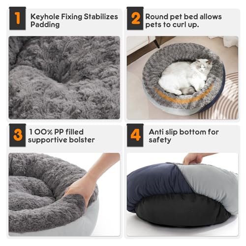 SHU UFANRO Calming Dog Beds for Small Medium Dogs and Cats, Round Dog Cuddler Cozy Bed, Washable Fluffy Plush Pet Bed with Waterproof Bottom (23"x 23"x 8")