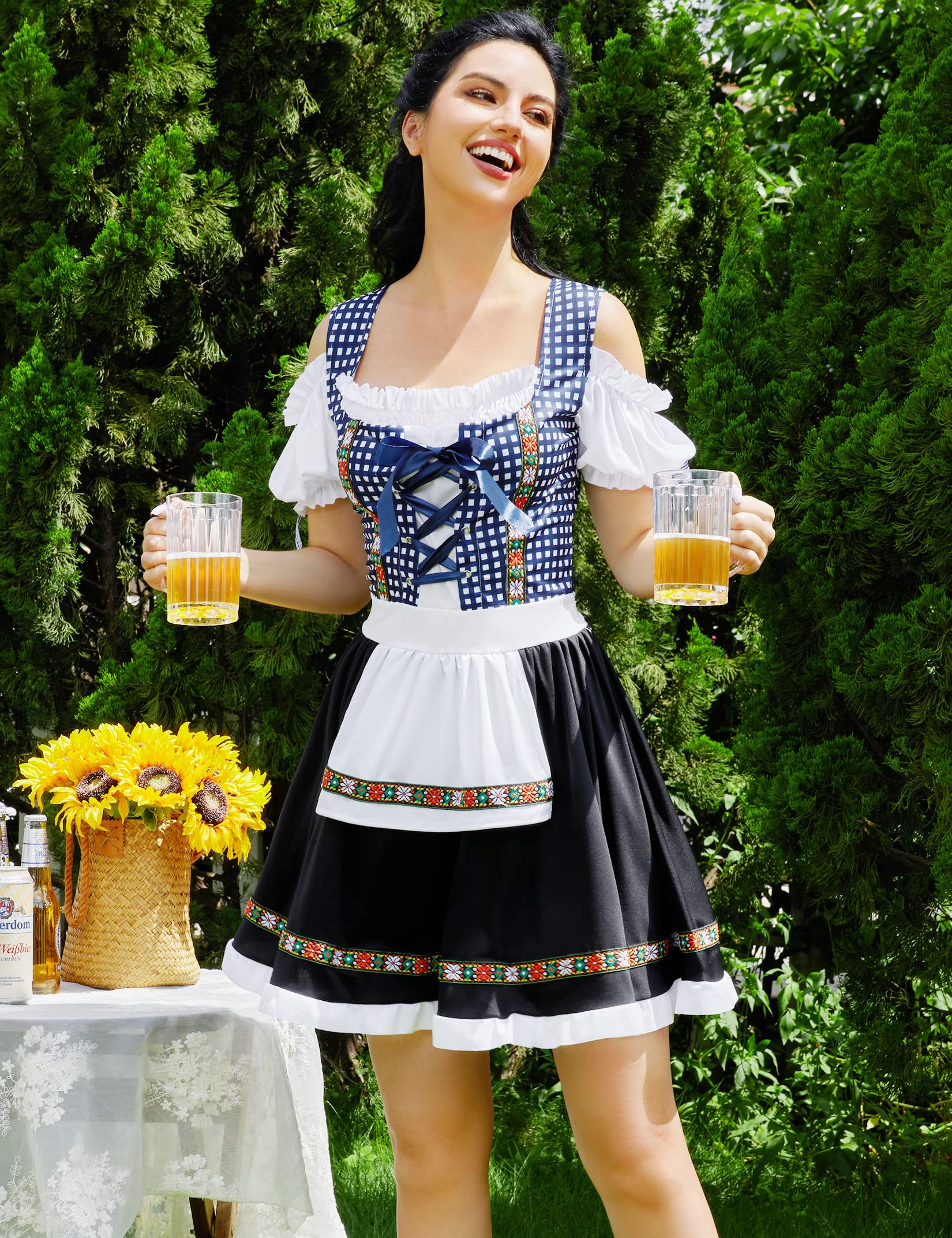 GloryStar Women's German Dirndl Dress Traditional Bavarian 1 Piece Beer Garden Oktoberfest Costumes Blue Plaid Gray L