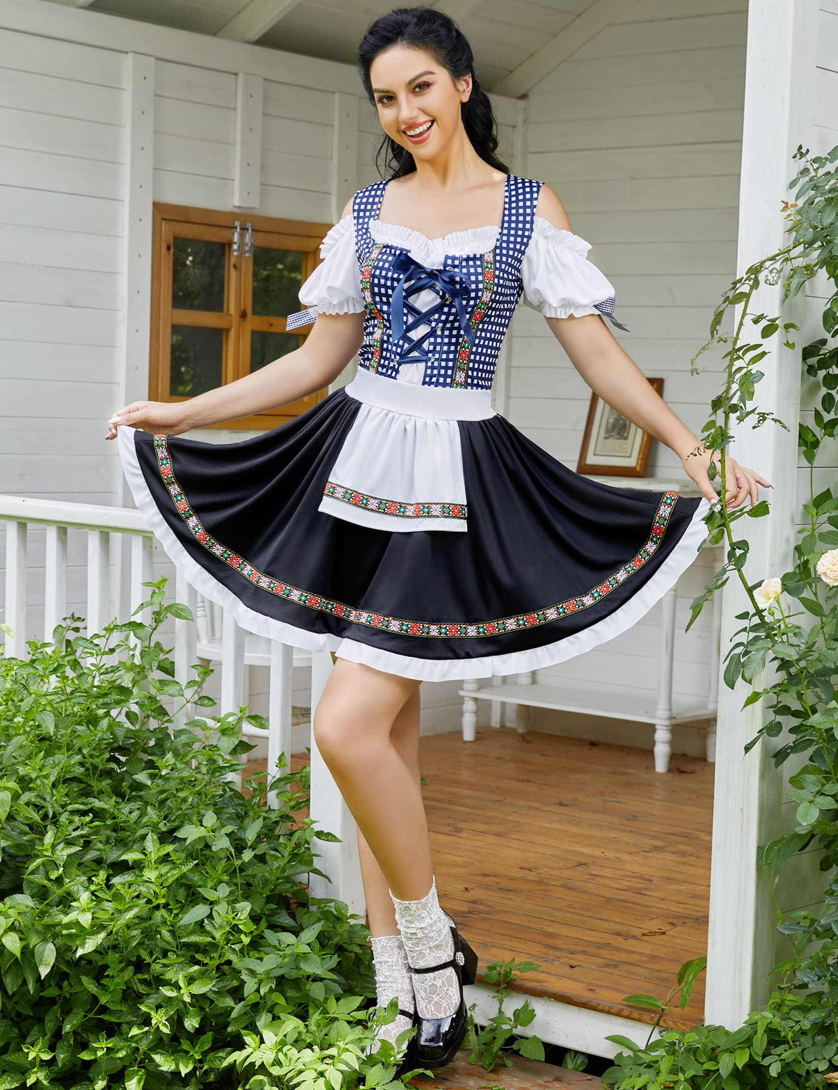 GloryStar Women's German Dirndl Dress Traditional Bavarian 1 Piece Beer Garden Oktoberfest Costumes Blue Plaid Gray L