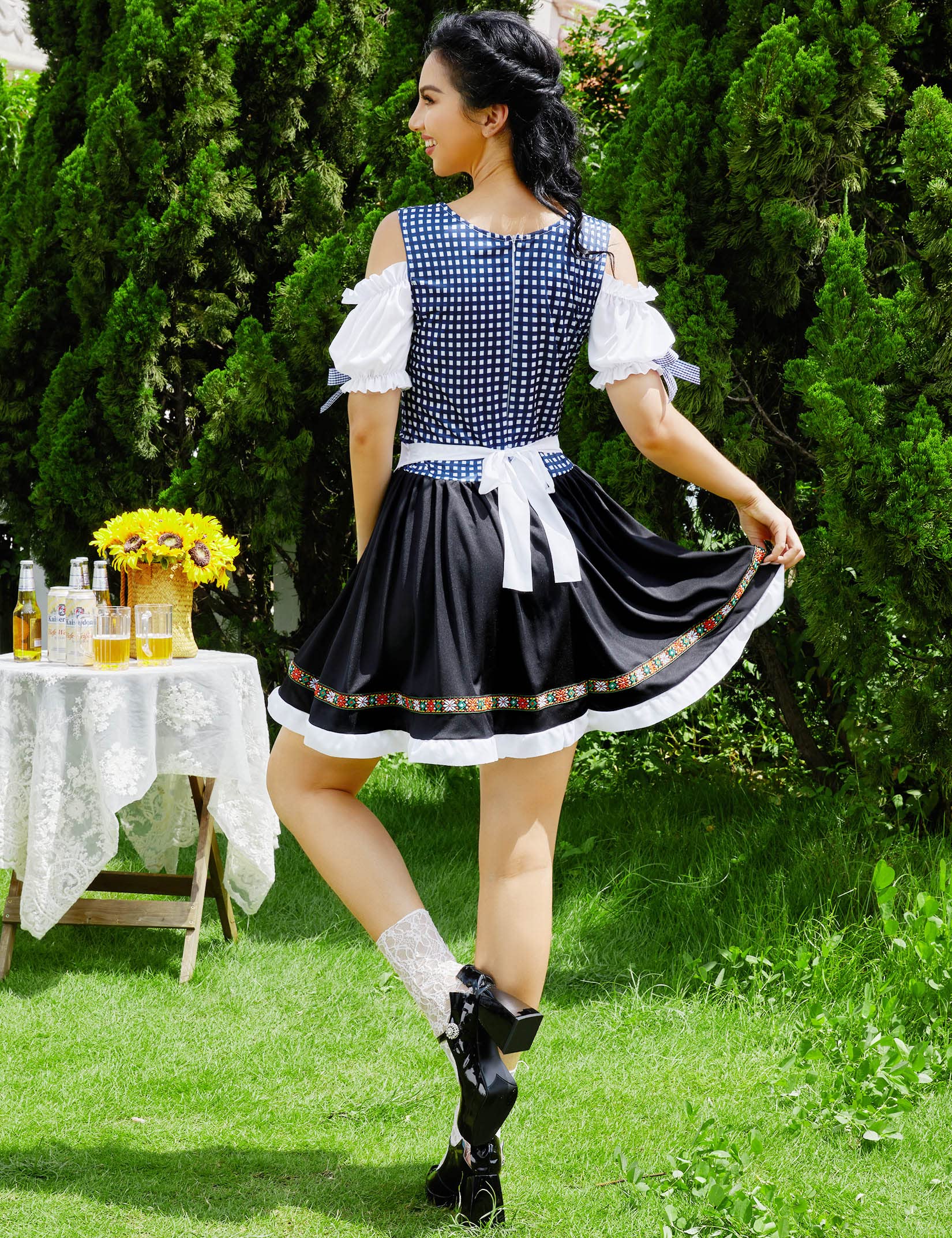 GloryStar Women's German Dirndl Dress Traditional Bavarian 1 Piece Beer Garden Oktoberfest Costumes Blue Plaid Gray L