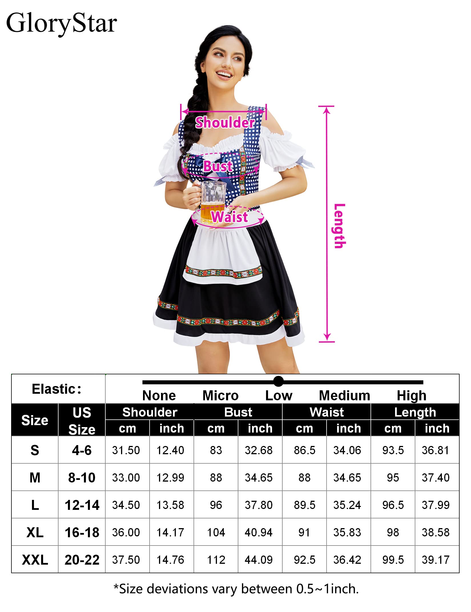 GloryStar Women's German Dirndl Dress Traditional Bavarian 1 Piece Beer Garden Oktoberfest Costumes Blue Plaid Gray L