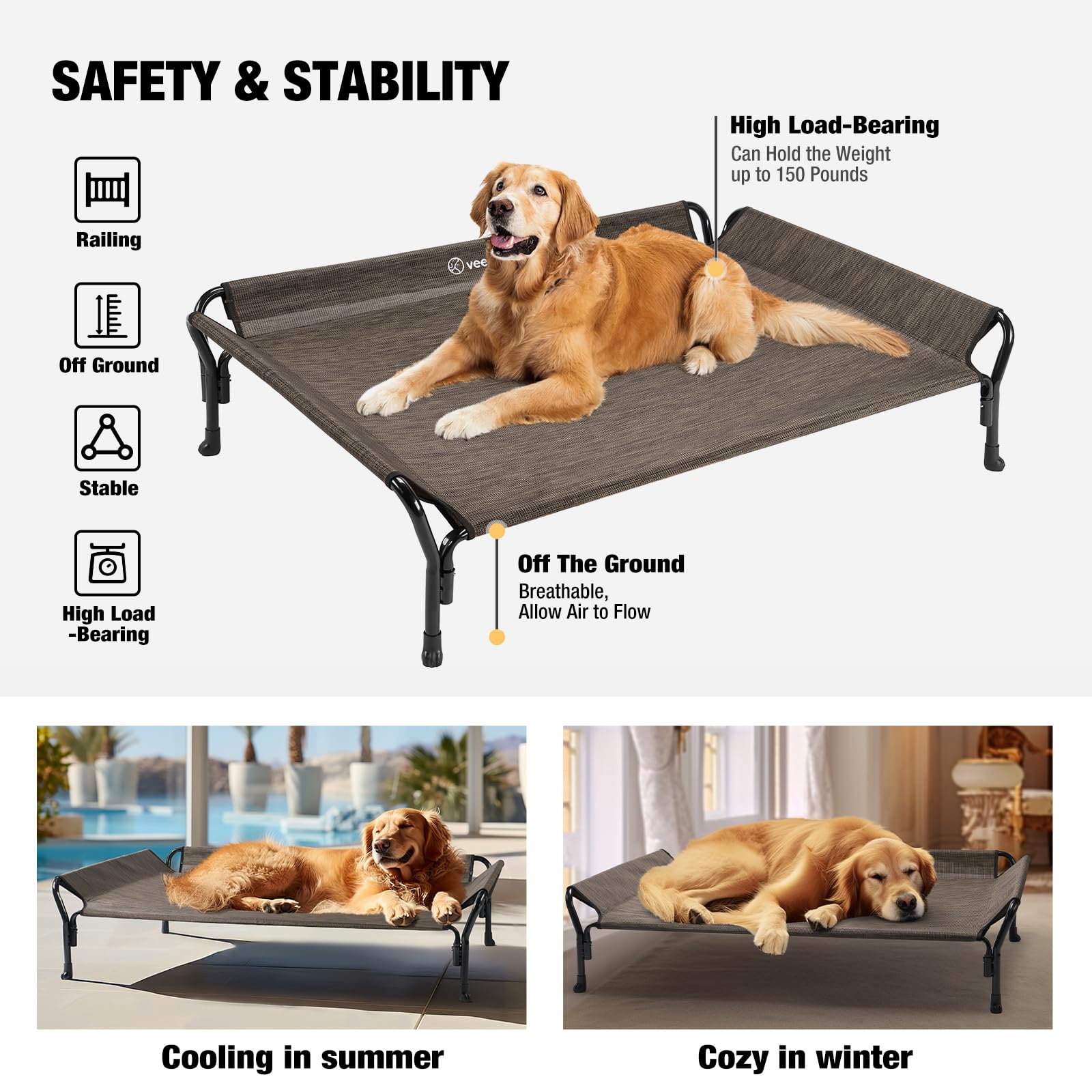 Veehoo Cooling Elevated Dog Bed, Guardrail, Chewproof Frame with Washable & Breathable Teslin Mesh, Non-Slip Dog Sofa Bed Cot for Indoor & Outdoor, X Large, Brown