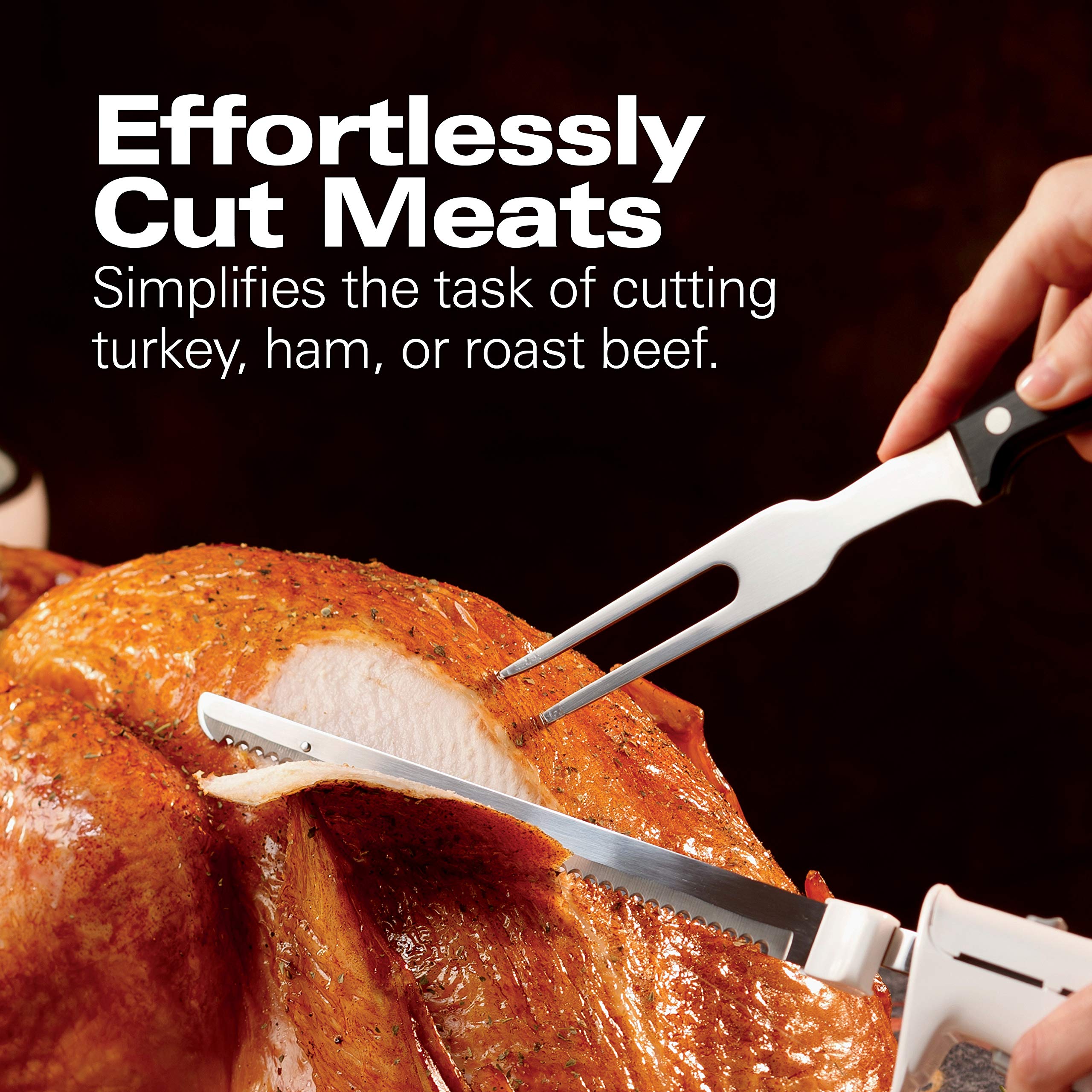 Hamilton Beach Electric Knife for Carving Meats, Poultry, Bread, Crafting Foam & More, with Reciprocating Serrated Stainless Steel Blades, Ergonomic Design, Storage Case + Fork Included, White