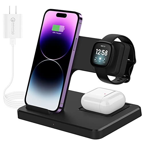 OenFoto 3 in 1 Charging Station Compatible with Fitbit Versa3/ Versa4/Sense/ Sense2– Charging Cable Dock for Versa 3 Smartwatch with Samsung Galaxy S22 Ultra S21 Note 20, AirPods Pro, Galaxy Buds Pro