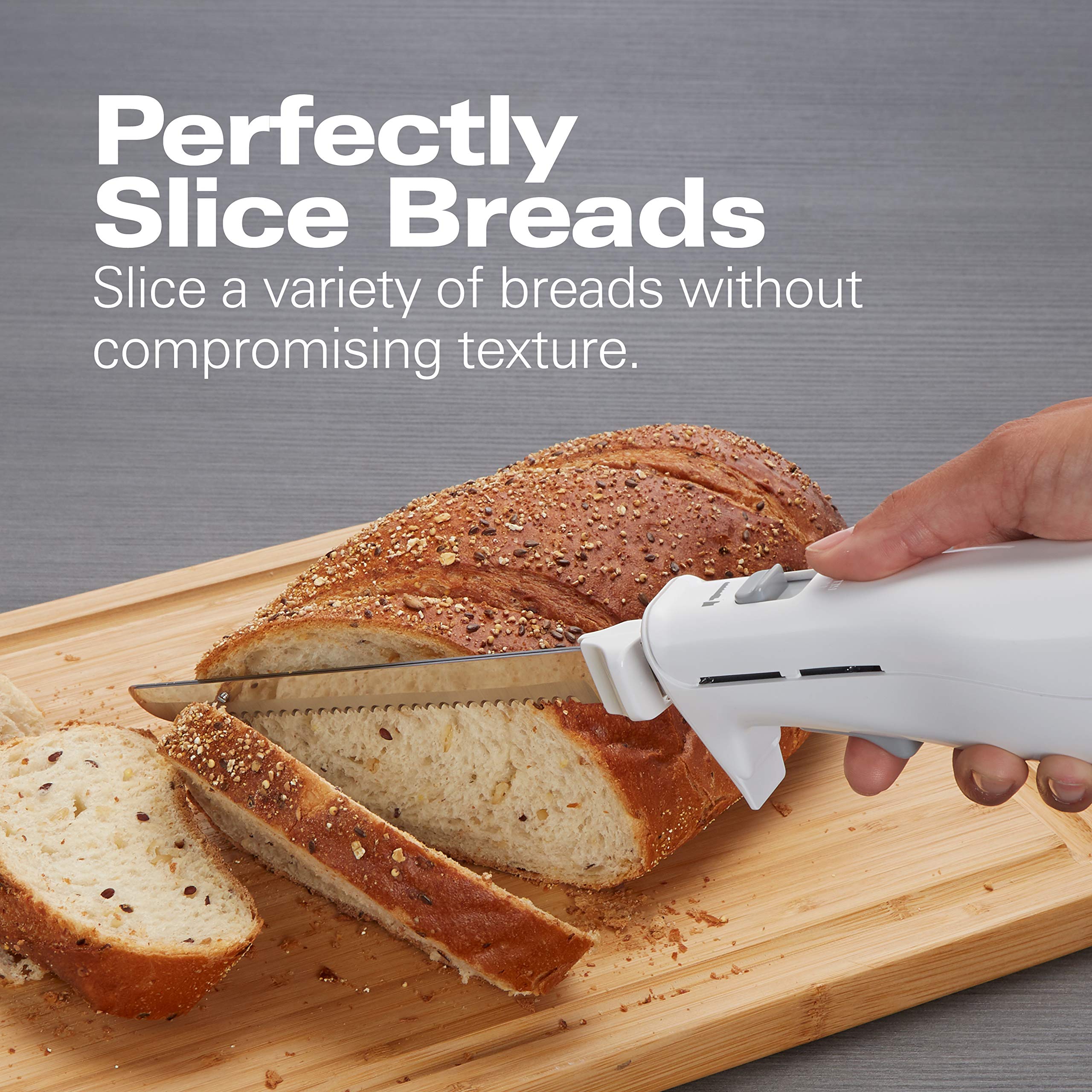 Hamilton Beach Electric Knife for Carving Meats, Poultry, Bread, Crafting Foam & More, with Reciprocating Serrated Stainless Steel Blades, Ergonomic Design, Storage Case + Fork Included, White