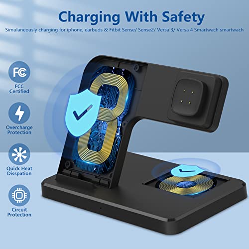OenFoto 3 in 1 Charging Station Compatible with Fitbit Versa3/ Versa4/Sense/ Sense2β Charging Cable Dock for Versa 3 Smartwatch with Samsung Galaxy S22 Ultra S21 Note 20, AirPods Pro, Galaxy Buds Pro