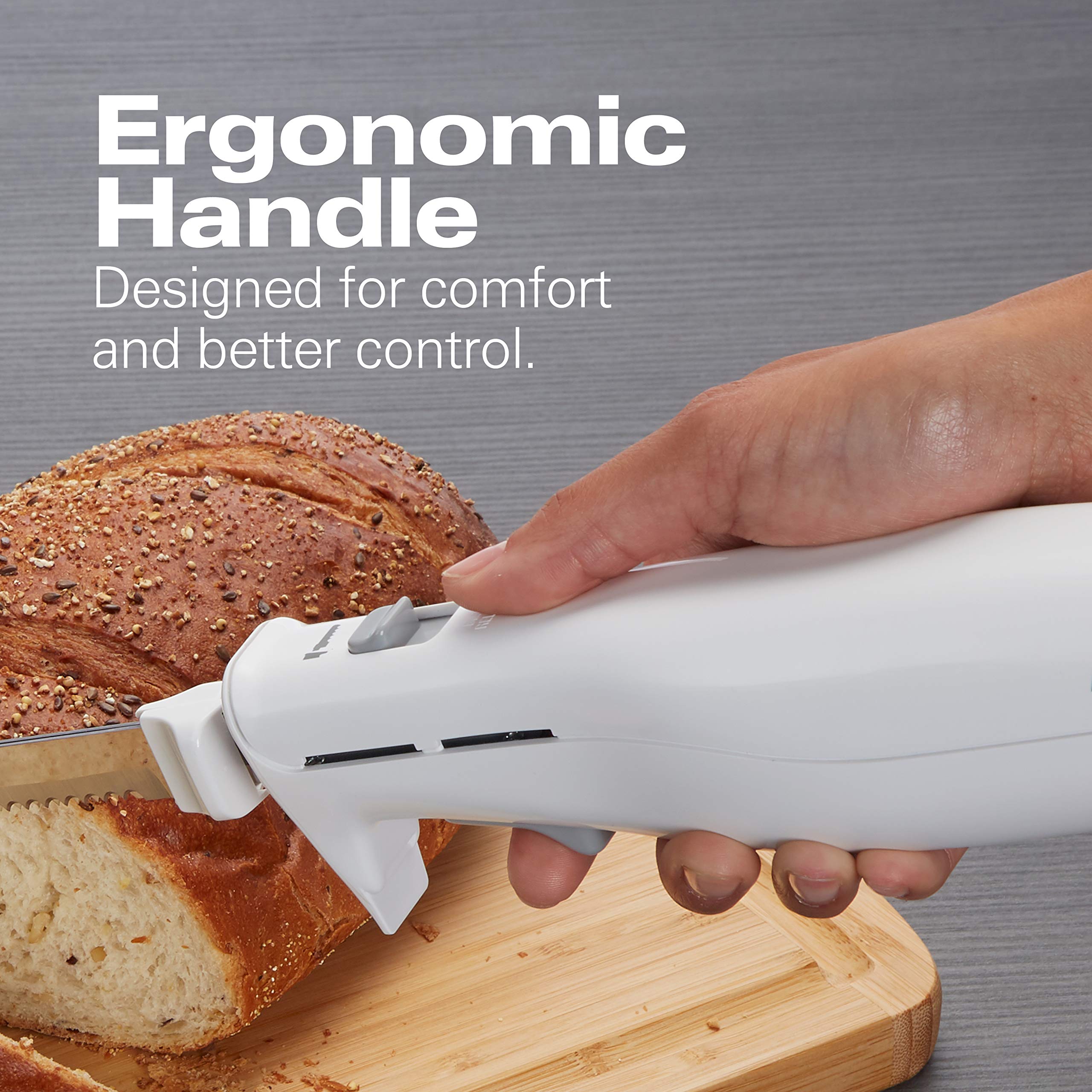Hamilton Beach Electric Knife for Carving Meats, Poultry, Bread, Crafting Foam & More, with Reciprocating Serrated Stainless Steel Blades, Ergonomic Design, Storage Case + Fork Included, White