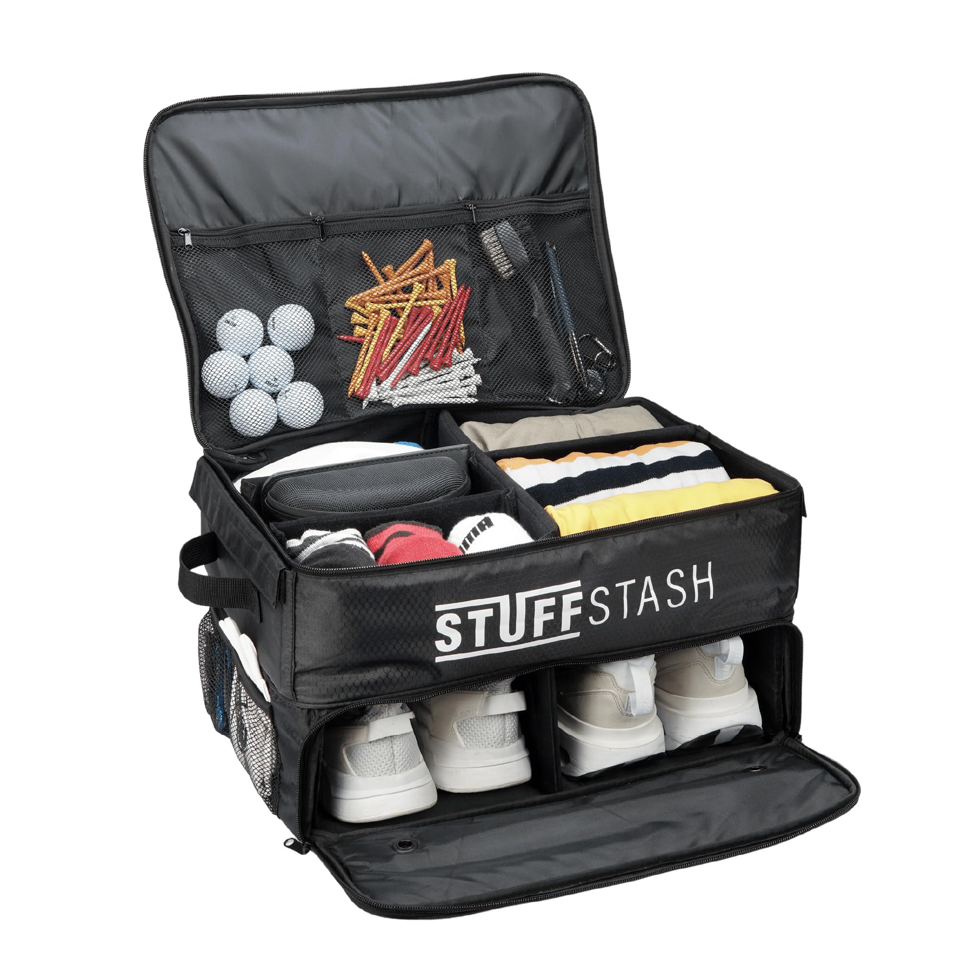 STUFFSTASH Golf Trunk Organizer, Strong, Won't Collapse. Shoe Compartments, Dividers, Storage for Tees, Gloves, Balls,.Store Accessories in Your Car or SUV. Golfer Gift Essentials for Men and Women.
