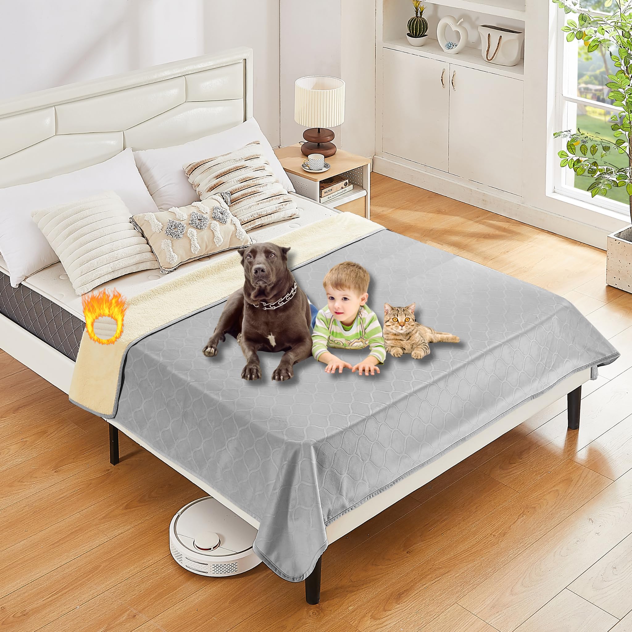 LPMOERA Reversible Couch Cover Waterproof Blanket for Dogs & Cats - Cozy Plush Washable Furniture Protector Protects Slipcover for Furniture Bed Sofa Plush - Grey 82 * 102 Inch