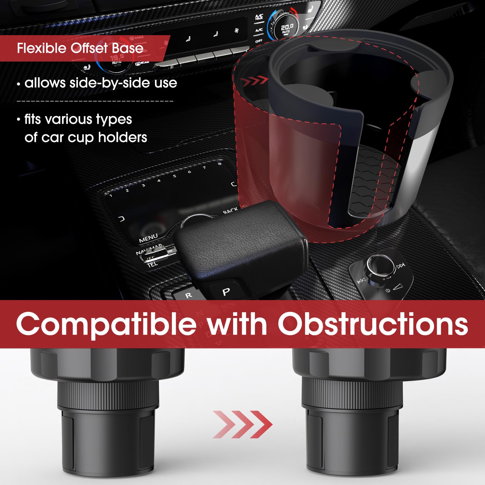 AUJEN Cup Holder Expander for Car - Upgraded Extender Cup Holder w/Offset Option, Adjustable Car Cup Holder Expander, Versatile Car Accessories,Large Bottles & Big Drinks,1 Pieces