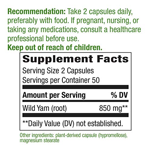 Nature's Way Wild Yam Root, Traditional Women's Health and Gastrointestinal Support*, 850 mg per serving, 100 Vegan Capsules