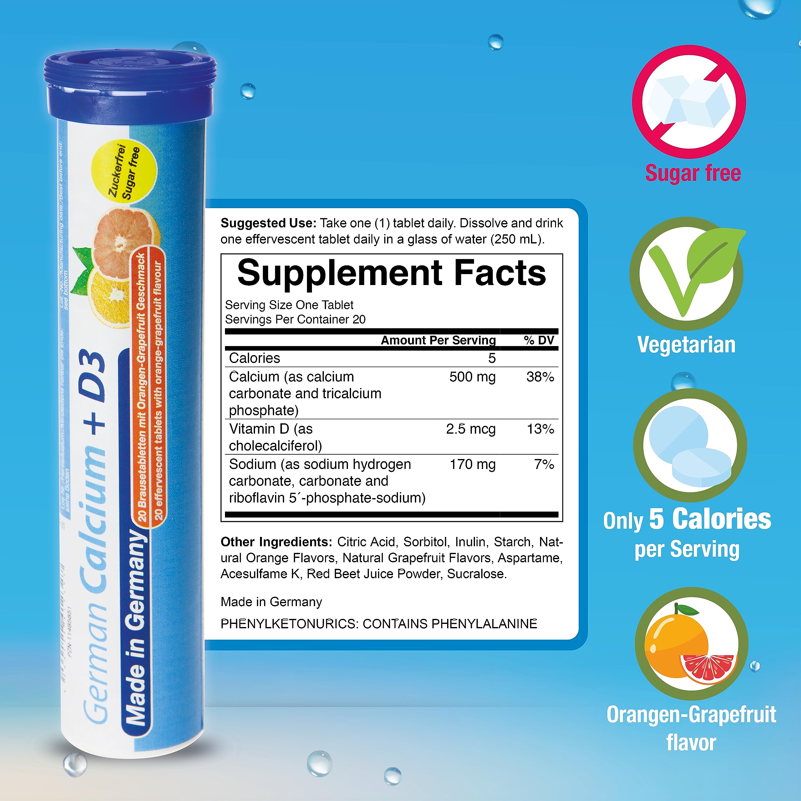German Calcium + VIT. D - 240 Vegetarian Drink Effervescent Tablets - Orange-Grapefruit Flavor - Made in Germany