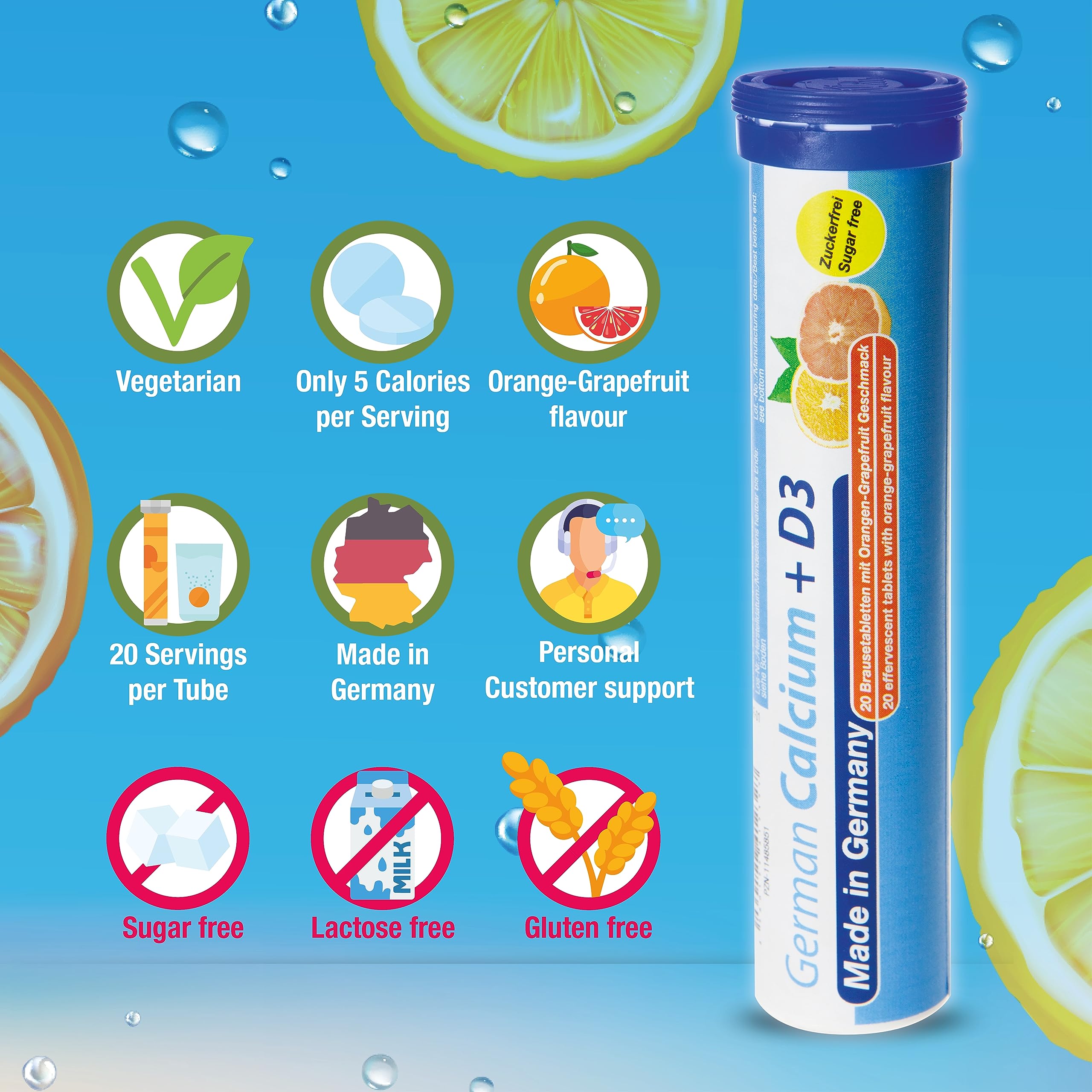 German Calcium + VIT. D - 240 Vegetarian Drink Effervescent Tablets - Orange-Grapefruit Flavor - Made in Germany