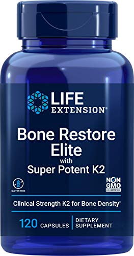 Life Extension Bone Restore Elite with Super Potent K2 - Clinically Studied Vitamin K2 & Calcium Promotes Healthy Bone Mineral Density, Bone-Friendly Formula - Non-GMO, Gluten-Free - 120 Capsules