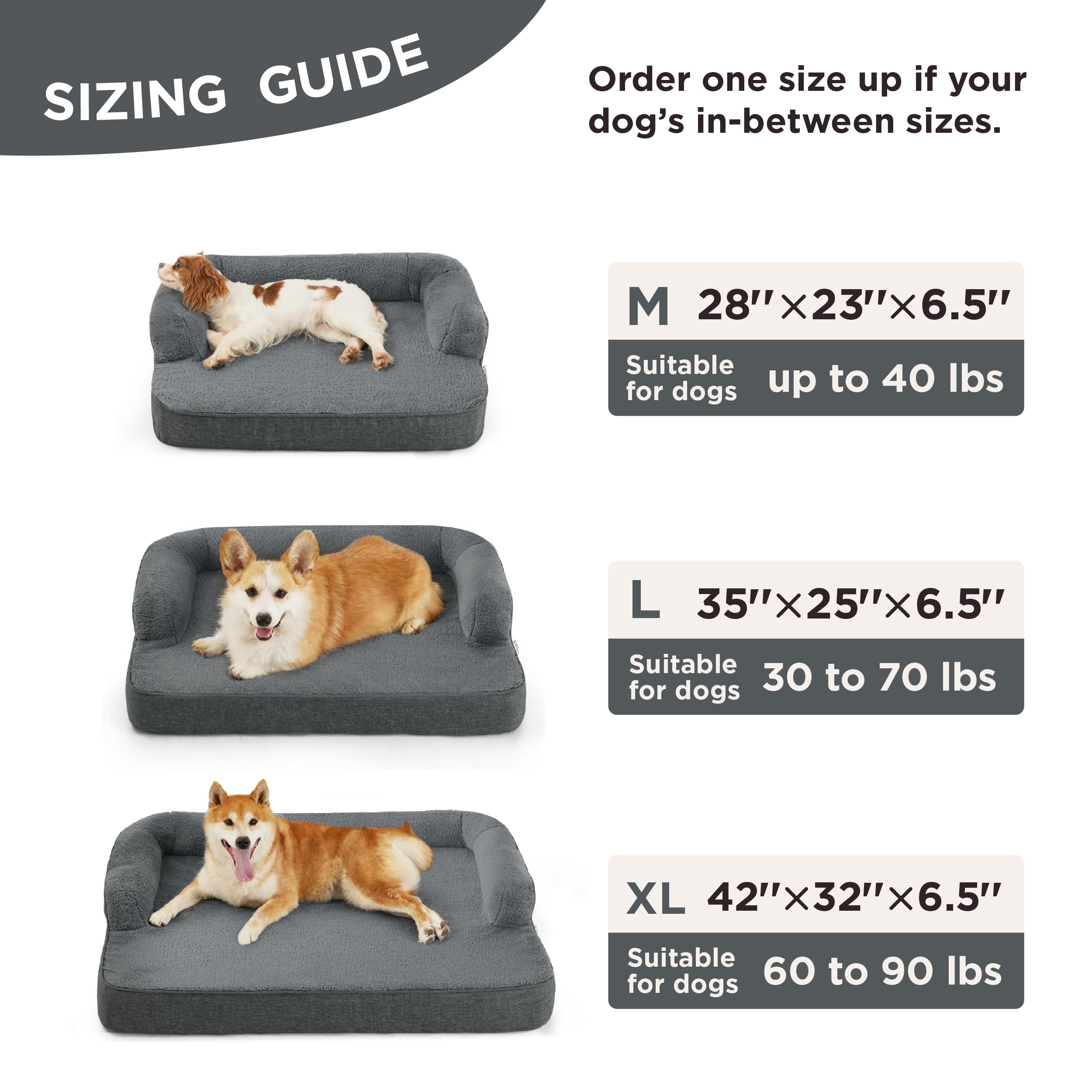 Lesure Memory Foam Dog Bed for Large Dogs, Large Orthopedic Dog Bed Sofa with High Support Reversible Egg Foam - Pet Couch with Removable Washable Cover and Waterproof Coating, Grey