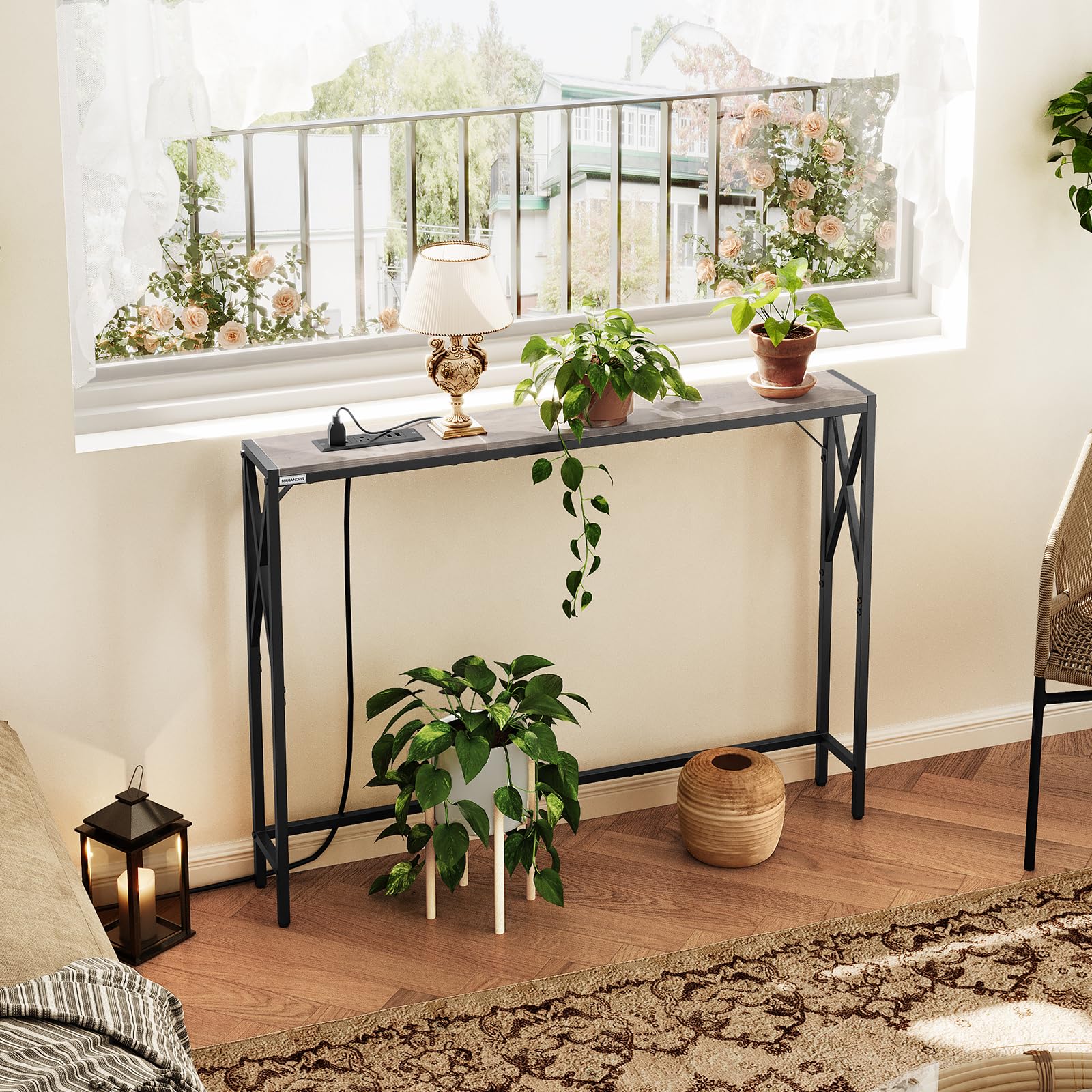 MAHANCRIS 2 Pack Sofa Table with Charging Station, 39.4” Console Table, Narrow Entryway Table, Slim Hallway Table, Retro Couch Table, for Entrance, Foyer, Living Room, Hallway, Greige CTHG151E01S2