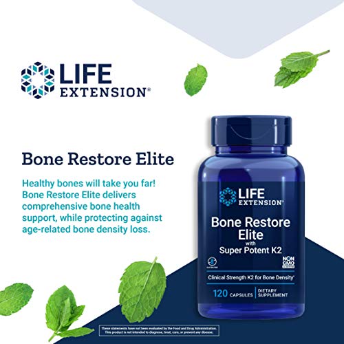 Life Extension Bone Restore Elite with Super Potent K2 - Clinically Studied Vitamin K2 & Calcium Promotes Healthy Bone Mineral Density, Bone-Friendly Formula - Non-GMO, Gluten-Free - 120 Capsules