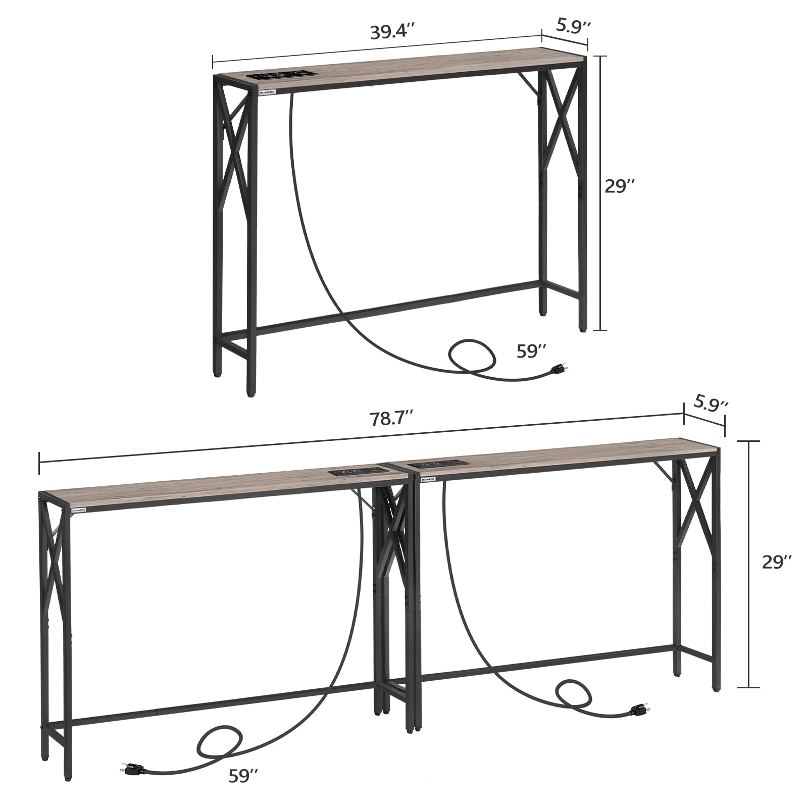 MAHANCRIS 2 Pack Sofa Table with Charging Station, 39.4” Console Table, Narrow Entryway Table, Slim Hallway Table, Retro Couch Table, for Entrance, Foyer, Living Room, Hallway, Greige CTHG151E01S2