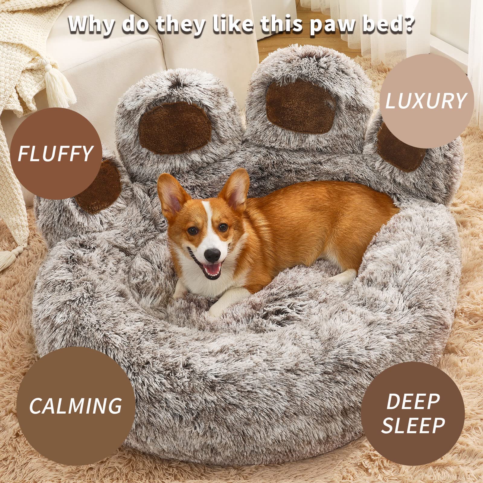 Jiupety Paw Shape Calming Pet Bed, Medium Plush Faux Fur Donut Bed for Dogs & Cats, Machine Washable, Non-Slip Bottom, Extra Large Size (32"×32"×10"), Gray