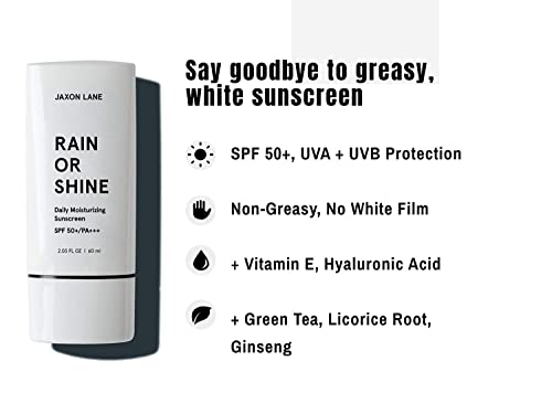 RAIN OR SHINE Anti Aging Face Sunscreen SPF 50 for Clear Skin w/Green Tea, Hyaluronic Acid, Vitamin C, Vitamin E Oil, Ginseng Extract, Licorice Root β SPF Moisturizer for Face, Fragrance Free 2.03 Oz