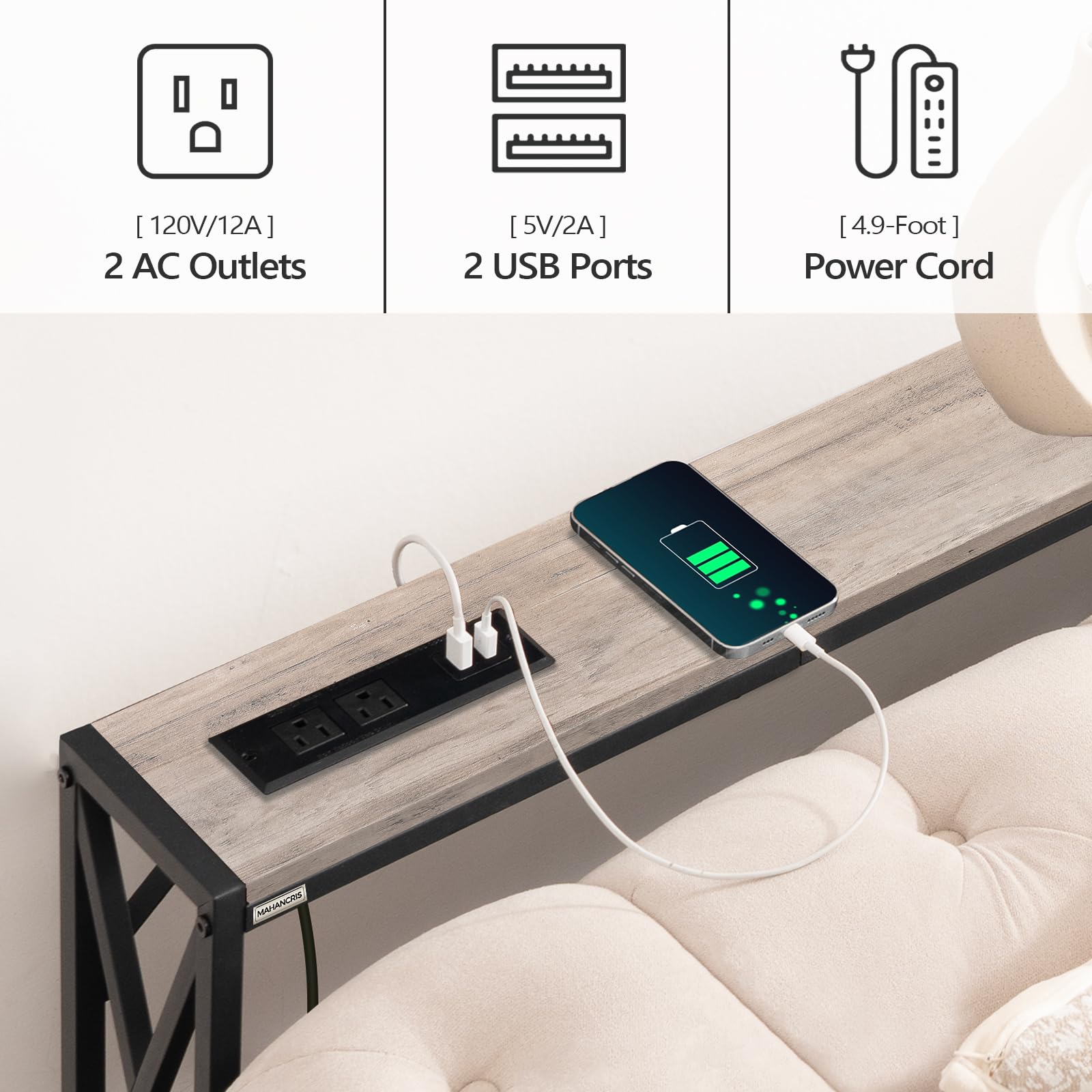 MAHANCRIS 2 Pack Sofa Table with Charging Station, 39.4” Console Table, Narrow Entryway Table, Slim Hallway Table, Retro Couch Table, for Entrance, Foyer, Living Room, Hallway, Greige CTHG151E01S2