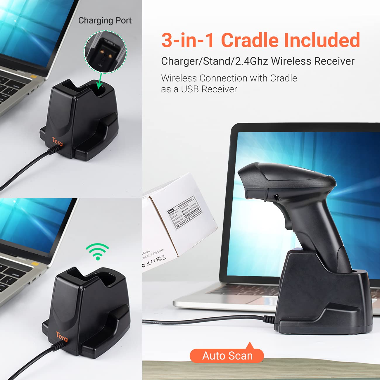 Tera Wireless Barcode Scanner 1D 2D QR with USB Charging Base Handheld Bar Code Reader Scanner Automatic Sensing Fast Precise Scanner HW0005