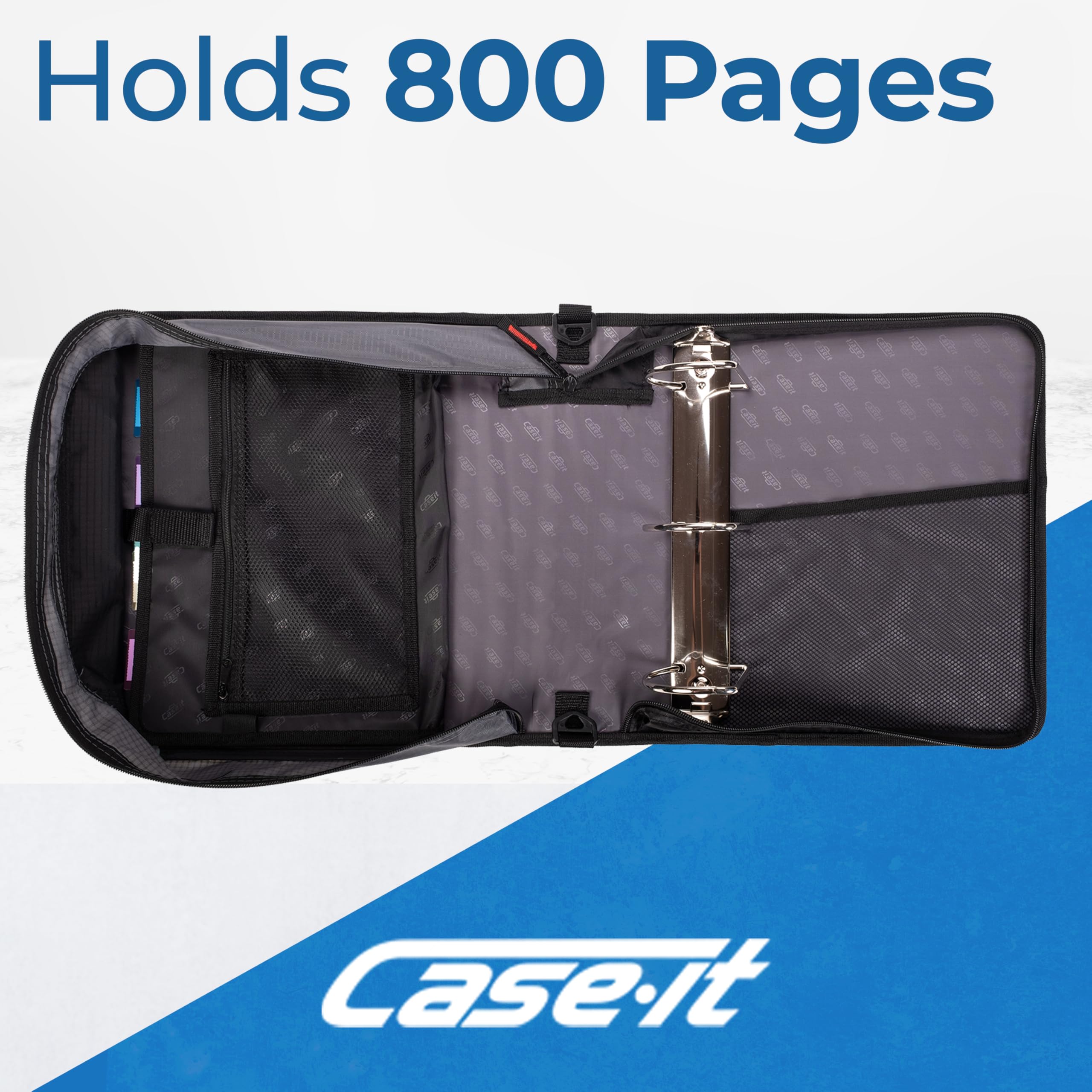 Case-it The King Sized Zip Tab Zipper Binder - 4 Inch D-Rings - 5 Subject File Folder - Multiple Pockets - 800 Sheet Capacity - Comes with Shoulder Strap - Jet Black D-186